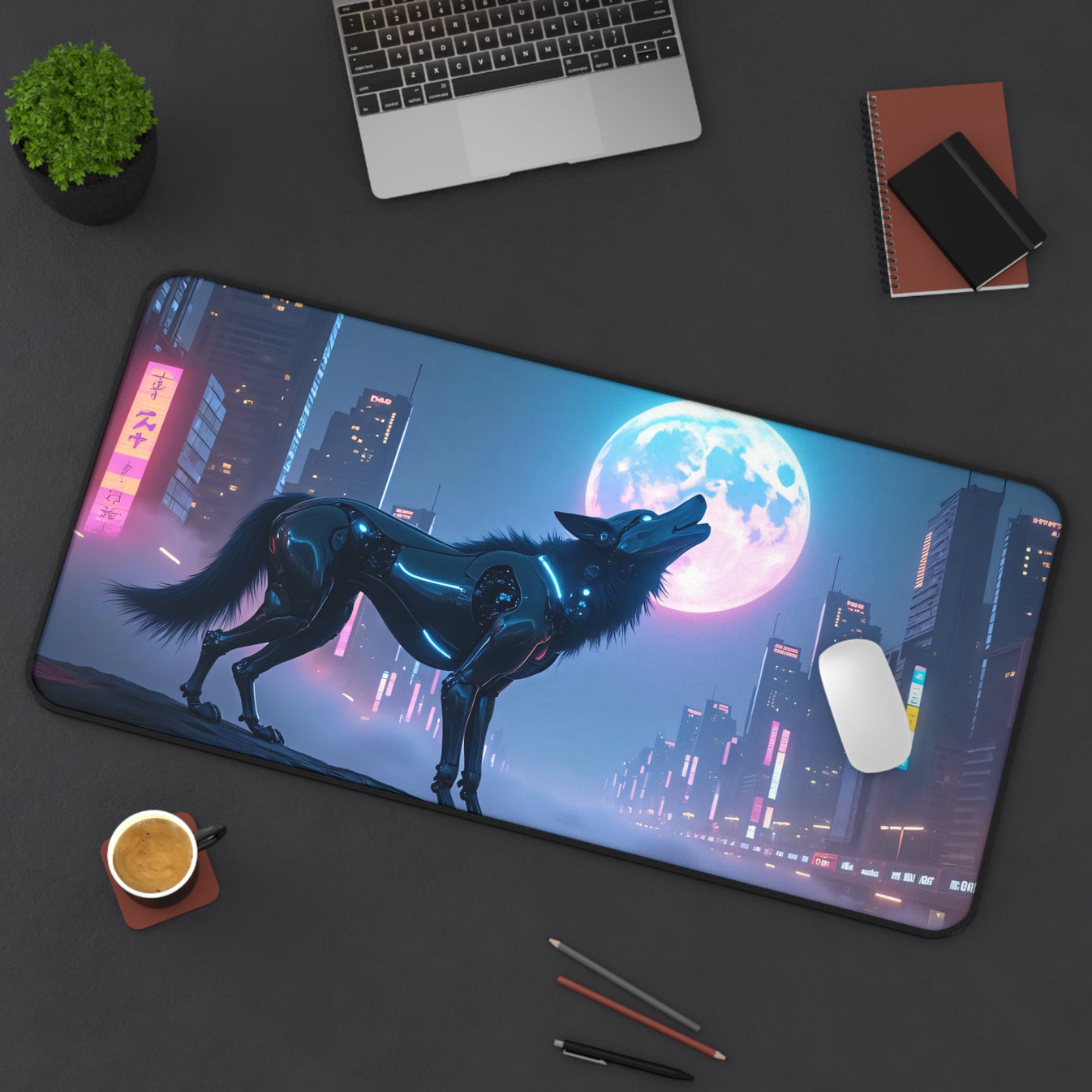 Desk Mat - Cyberpunk Wolf Howling at the Moon in a Cyberpunk City ...