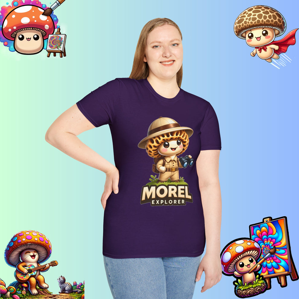 Adventurous Morel Explorer Shirt - Charming Illustrated Mushroom Chara – Shiitake Products